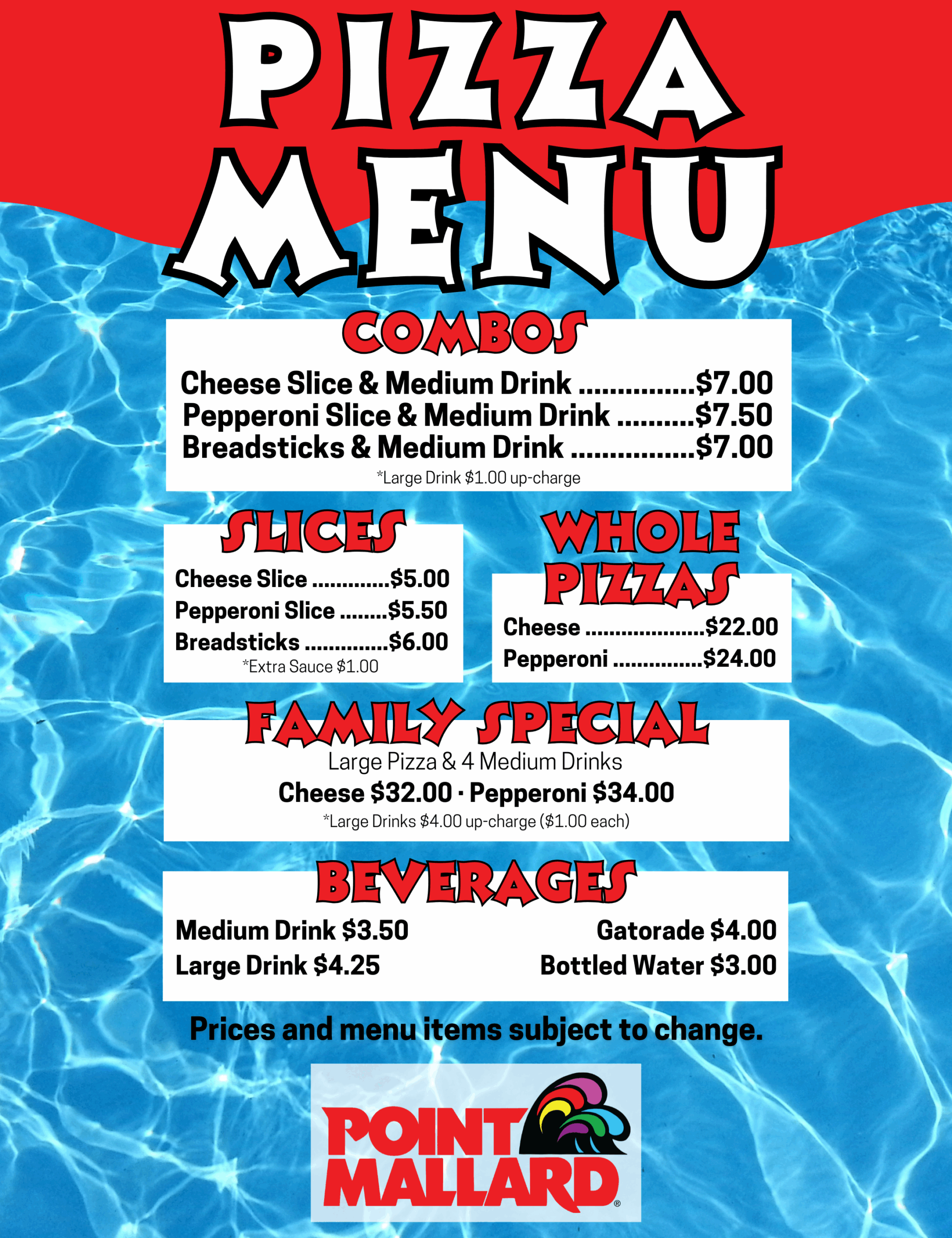 2025 Pizza Menu - Point Mallard Park
